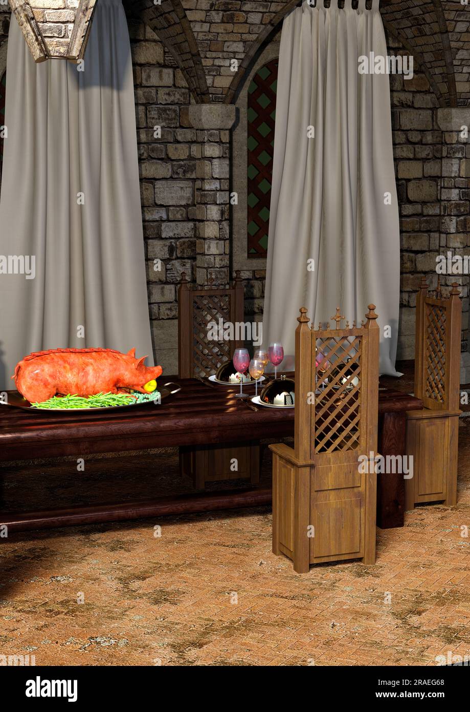 3D rendering of a medieval ancient room interior with a dinner table ...