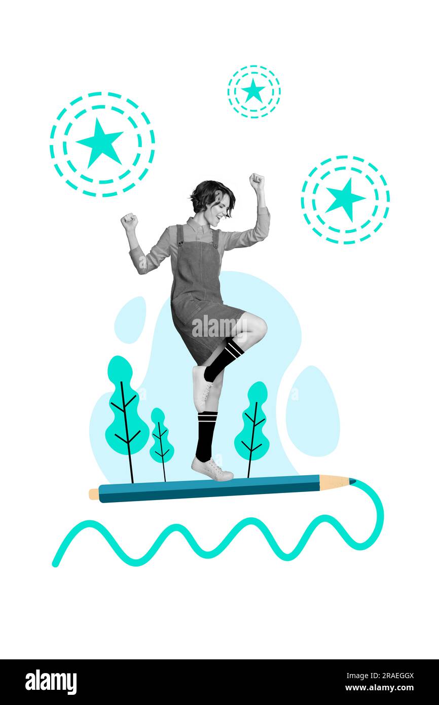 Vertical poster 3d collage image of cheerful happy girl celebrate ...