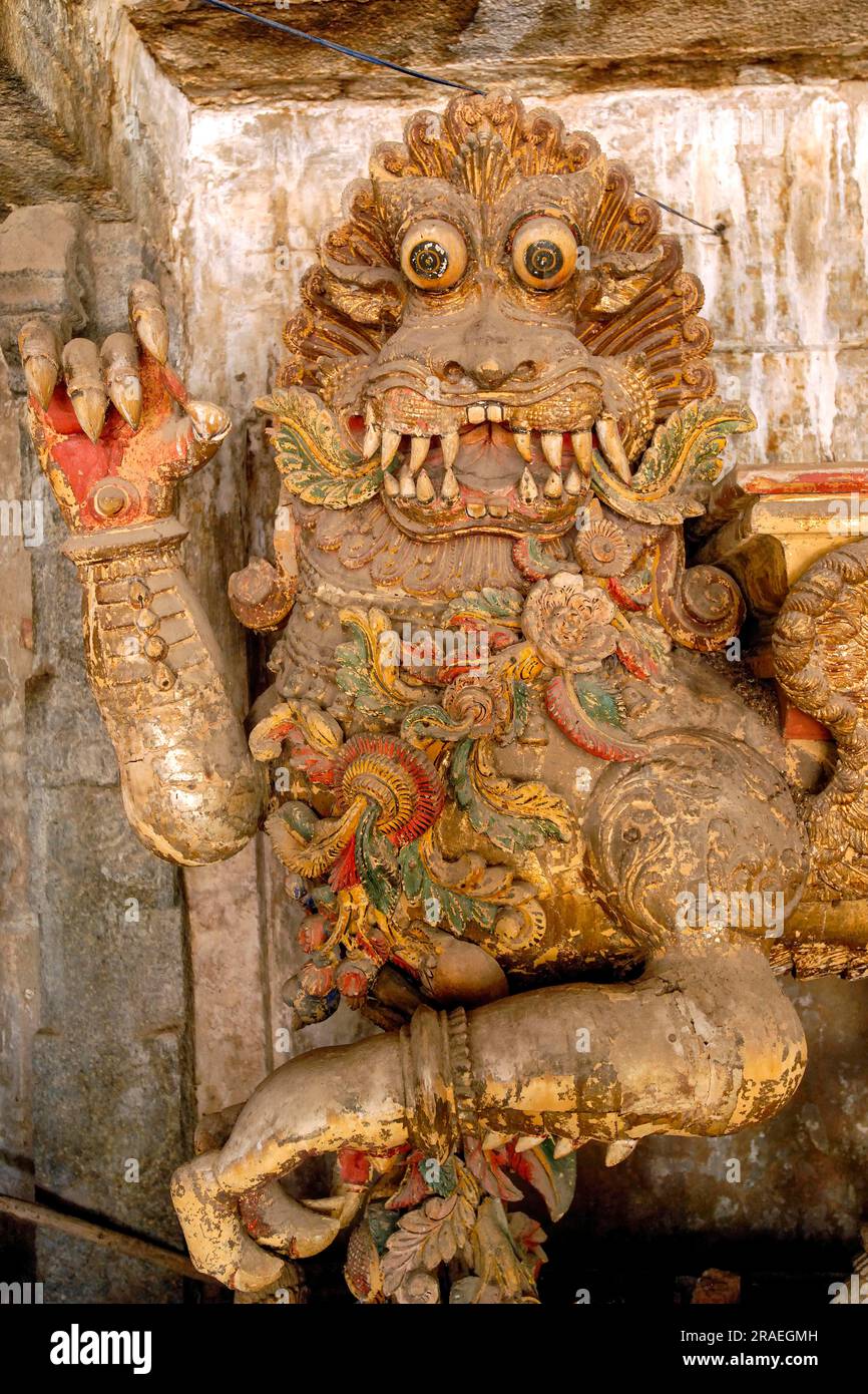 God's wooden Simha Vahana chariot in the Sri Samayeeswarar Shiva Temple ...