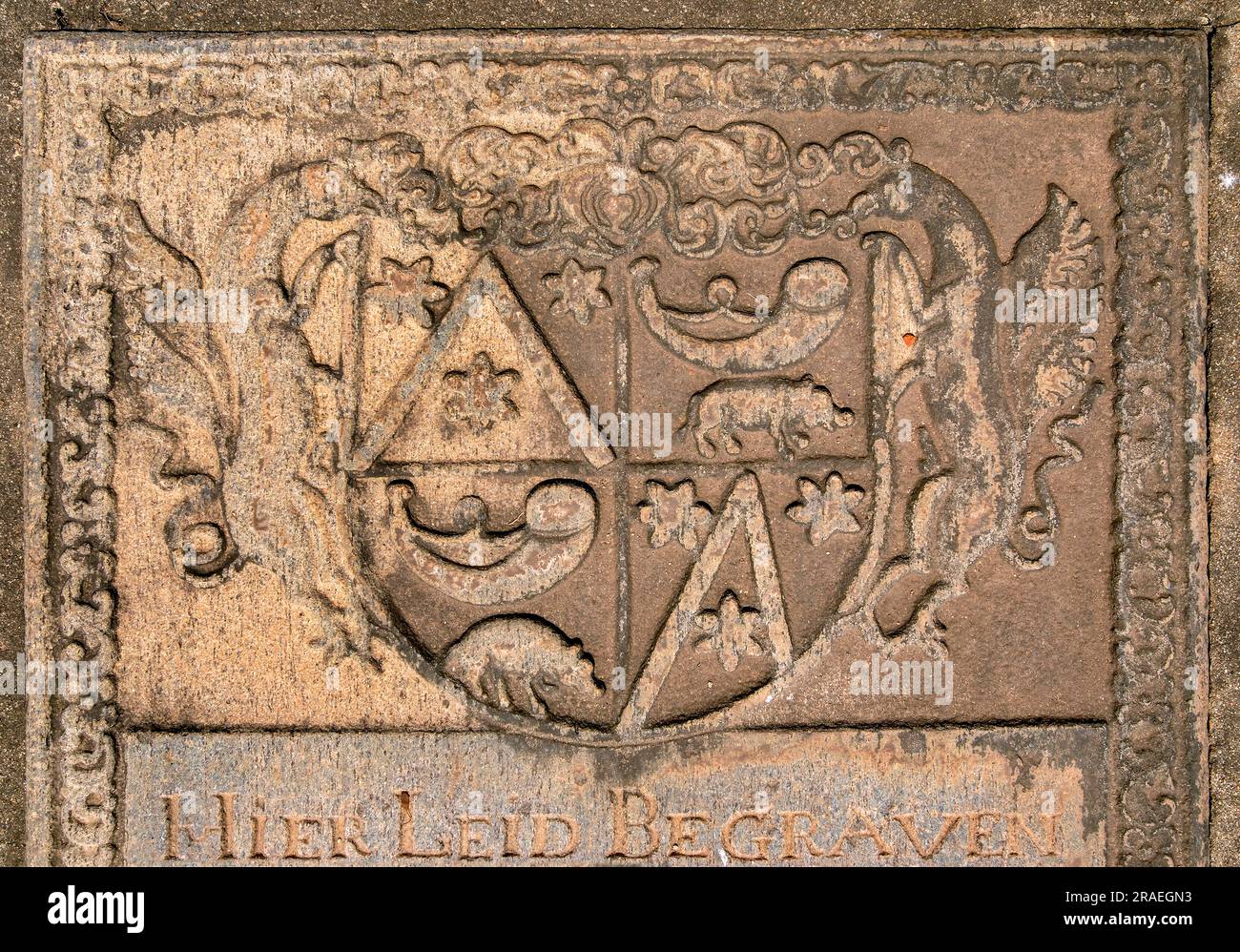 The tomb stone has the engravings Latin inscriptions, Dutch mausoleum ...