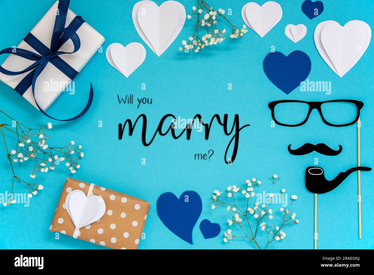 Blue Flat Lay With Accessories, Gifts, Hearts, Text Will You Marry Me ...