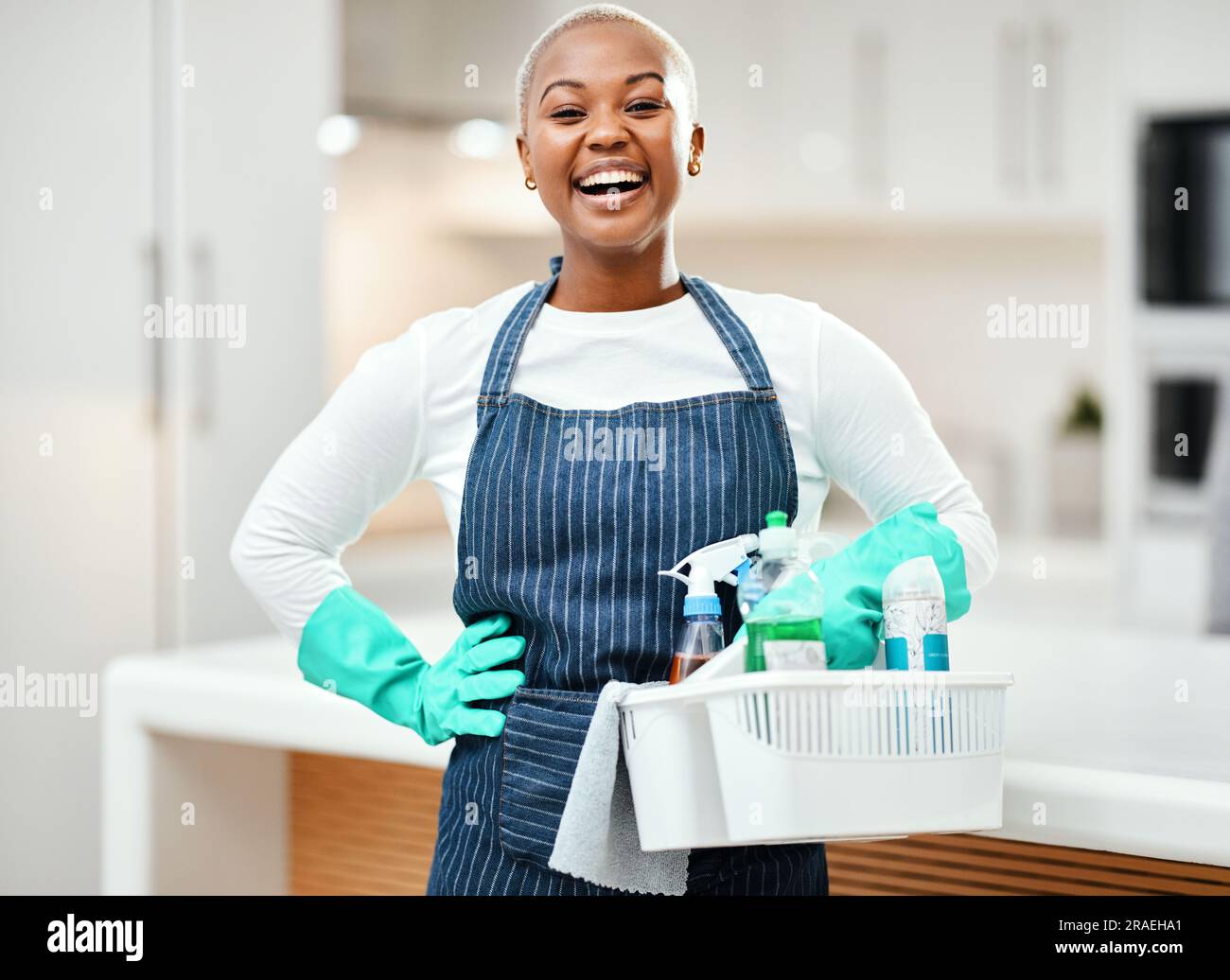 Laughing, portrait and a black woman with cleaning bucket for home ...