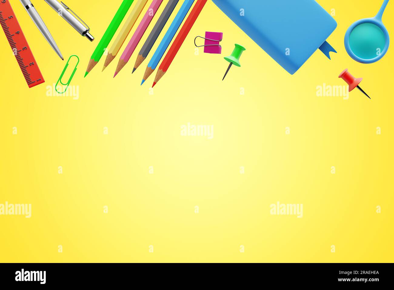 Back to school. Student elements on a yellow background. 3d rendering ...