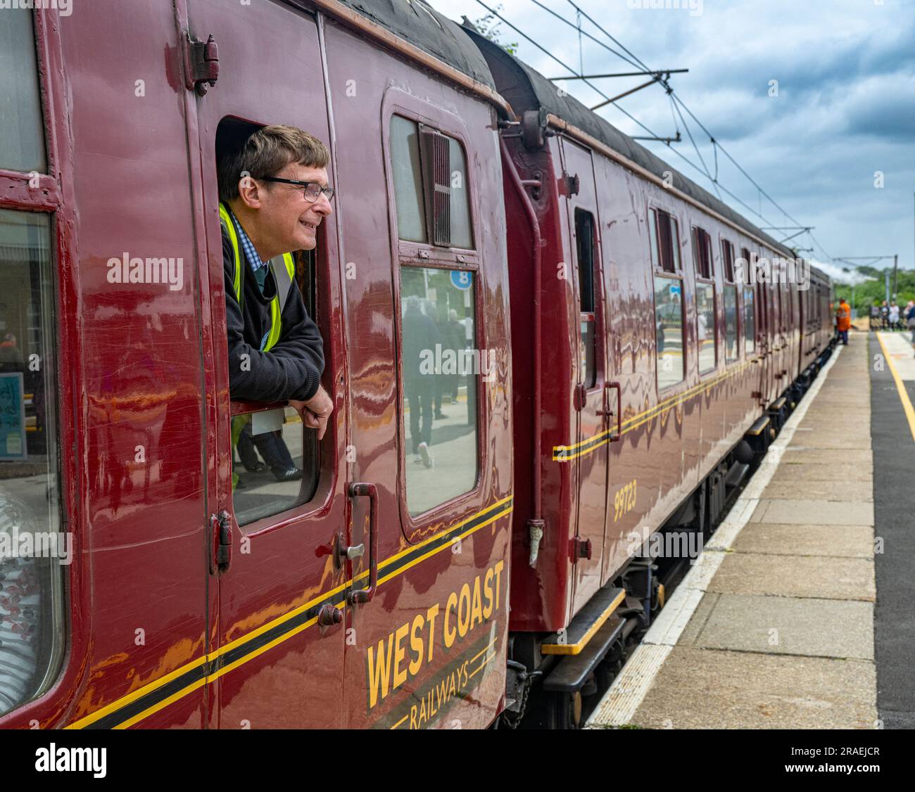 Portrait of the train guard of The Flying Scotsman steam train in ...
