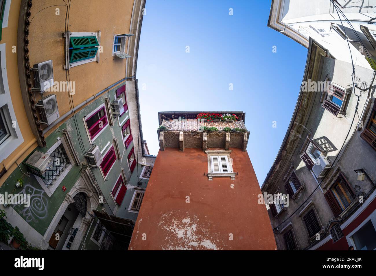 Koper, Slovenia. July 2, 2023. fish eye view of an ancient balcony ...