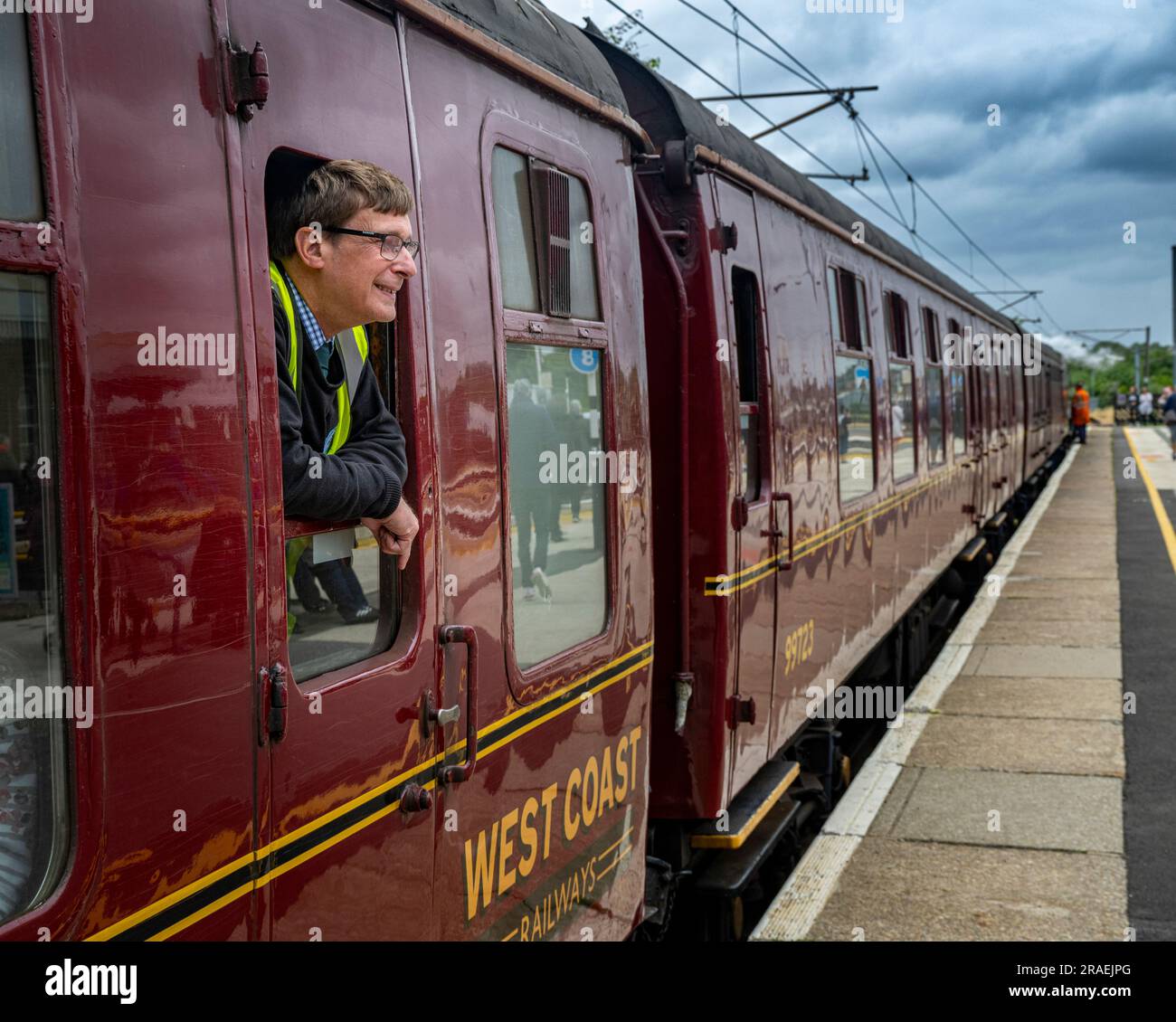 Portrait of the train guard of The Flying Scotsman steam train in ...