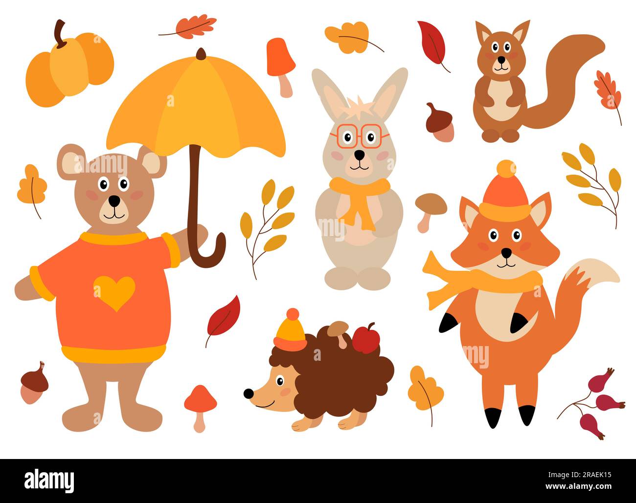Set cute autumn animals with hat, scarf, umbrella. Wild hare, hedgehog ...