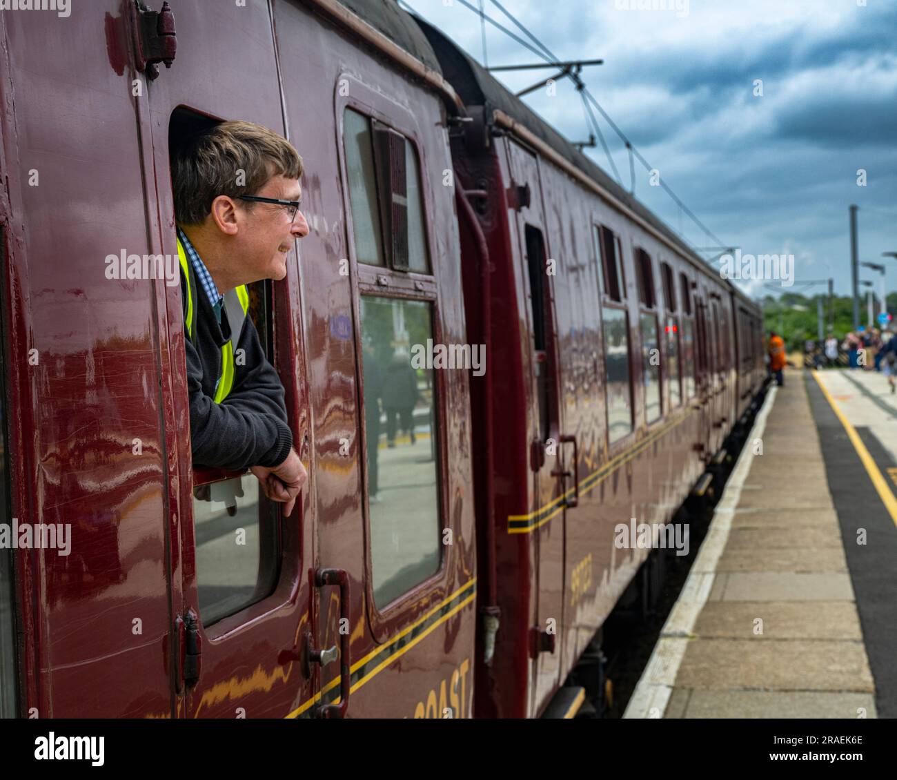 Portrait of the train guard of The Flying Scotsman steam train in ...