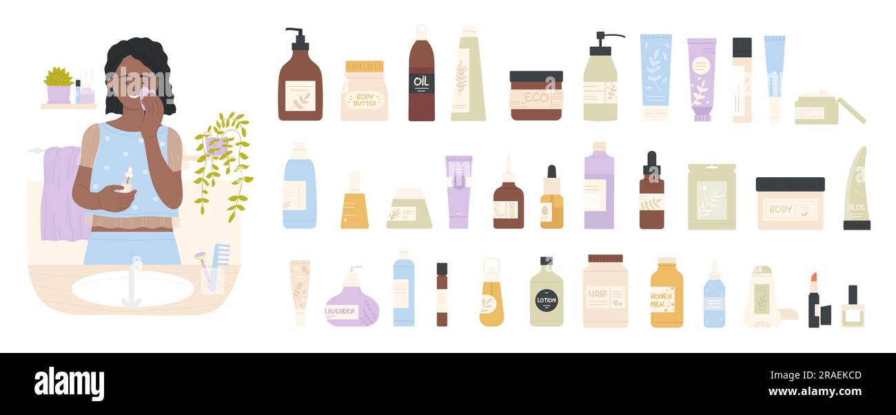 Cosmetic skincare set vector illustration. Cartoon isolated female ...
