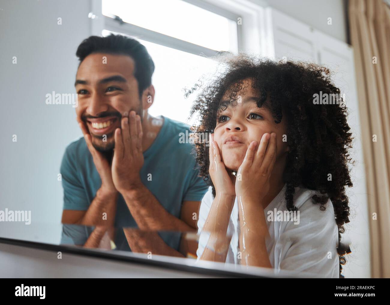 Family, children and a father with his daughter in the bathroom mirror ...