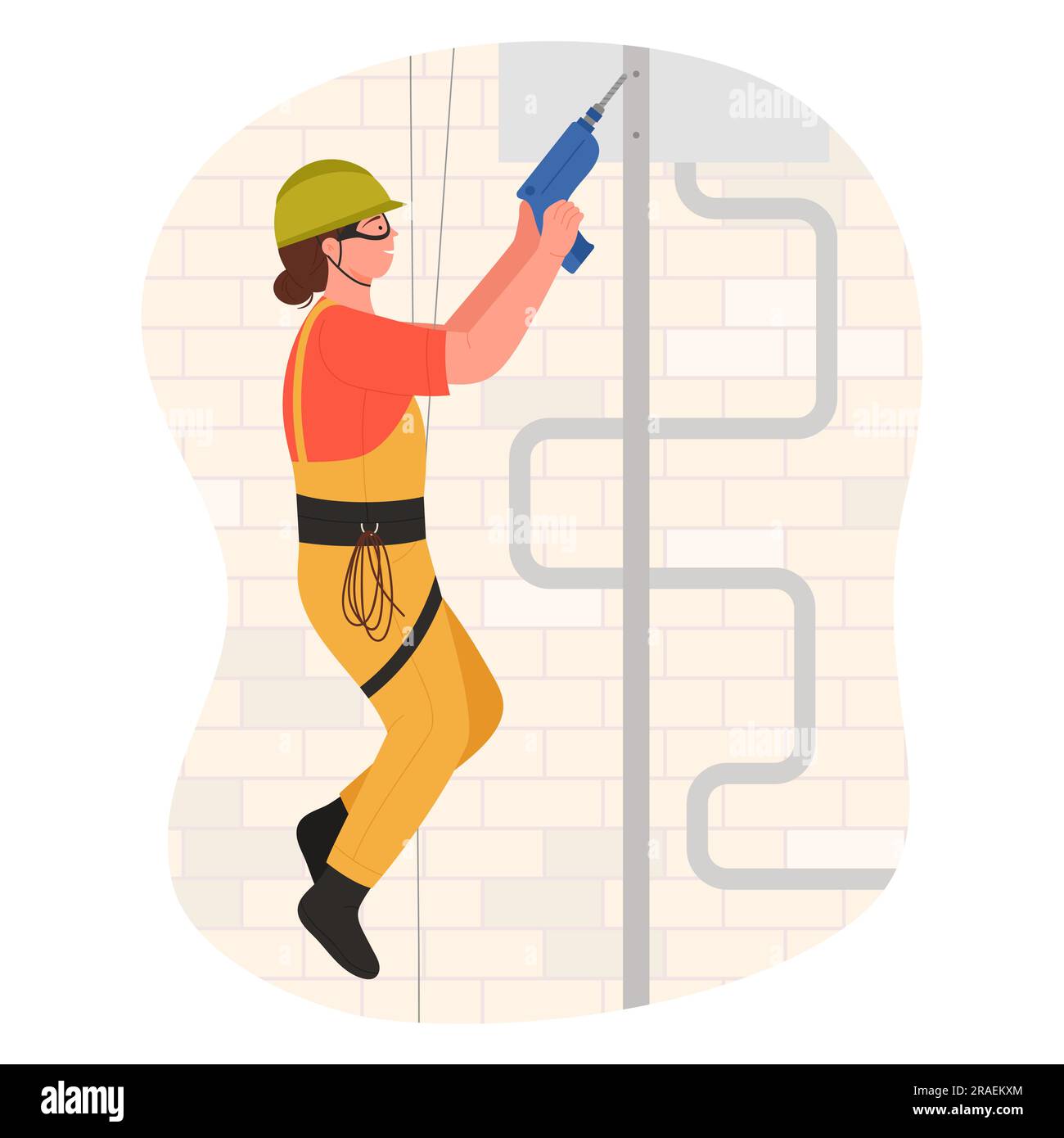 Construction worker hanging on rope with drill vector illustration ...