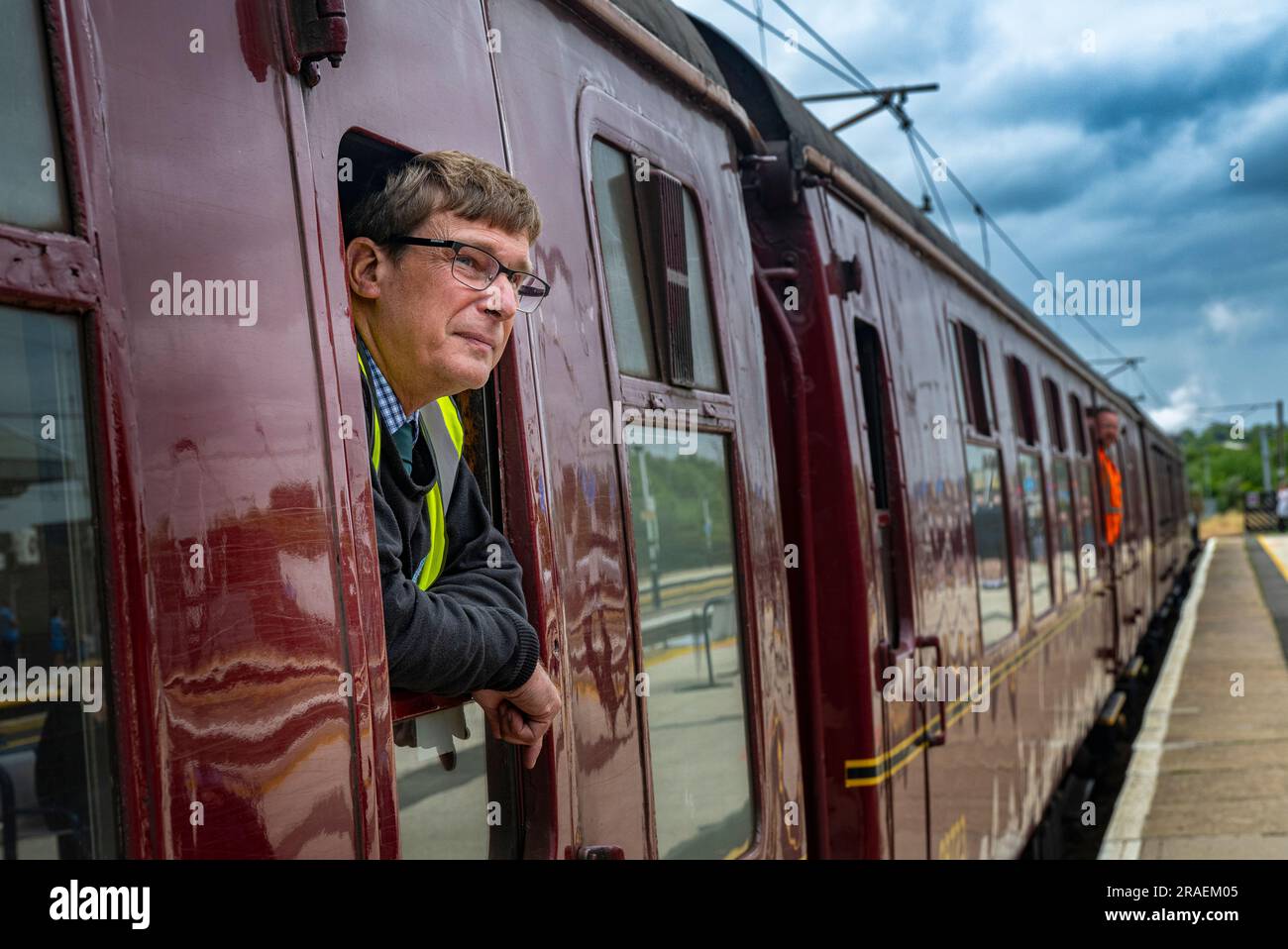 Portrait of the train guard of The Flying Scotsman steam train in ...