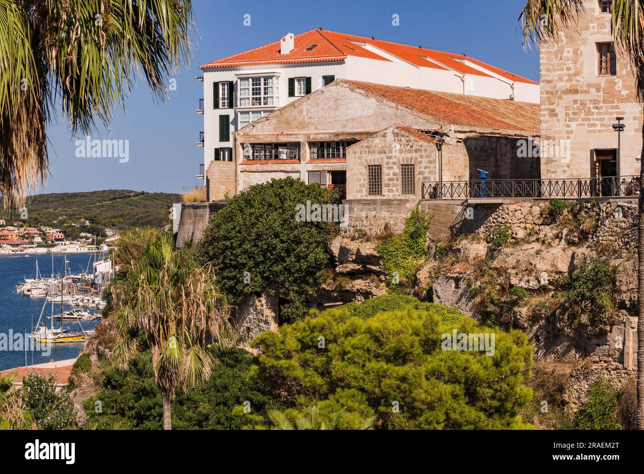View from viewpoint Mirador del Pont des Castell on palm trees and old ...