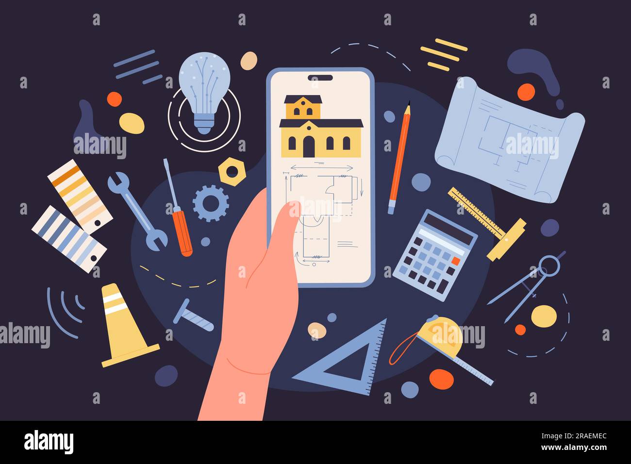 Cartoon architects hand holding phone with building blueprint on screen ...