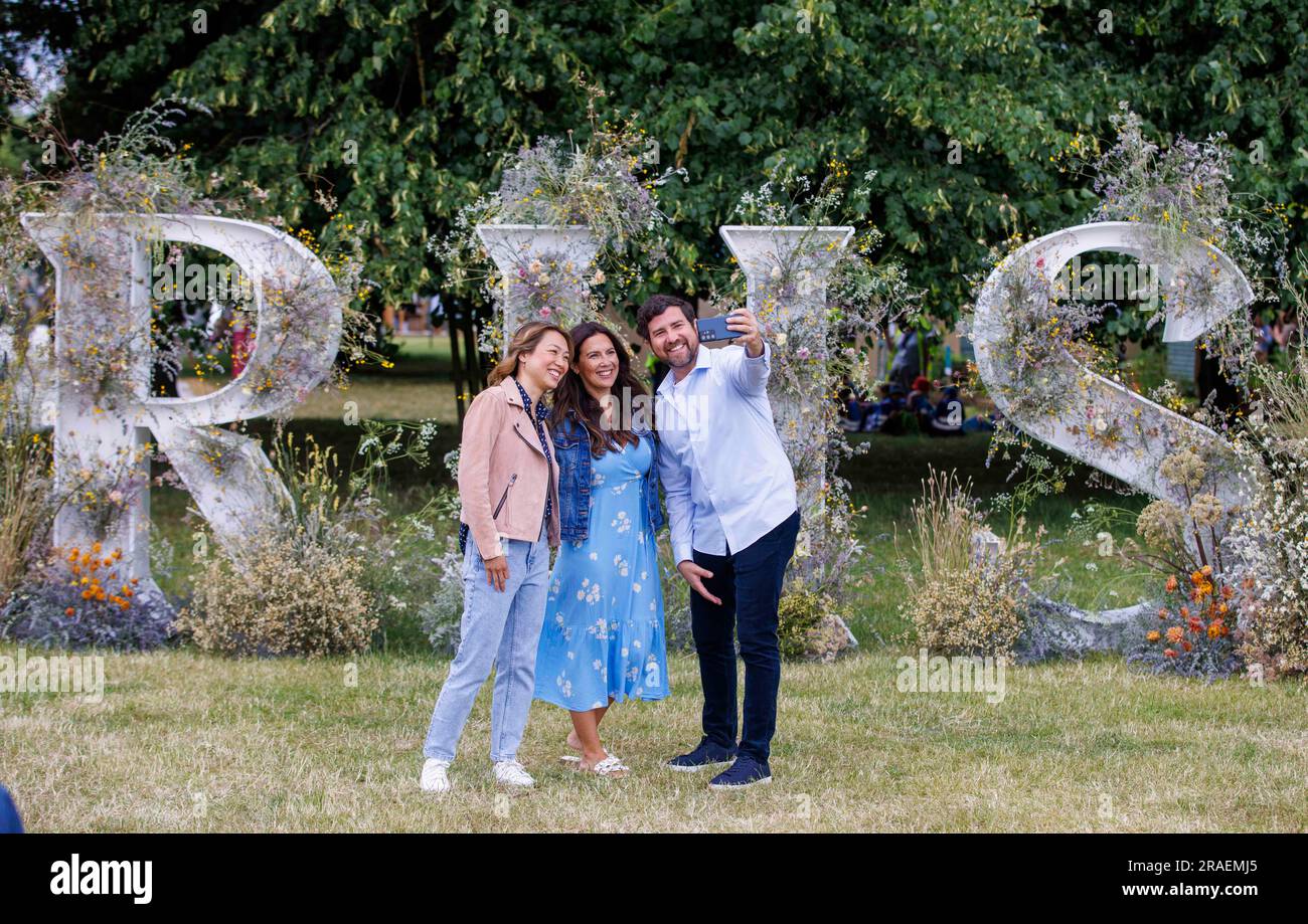 London, UK. 3rd July, 2023. RHS sign at the Hampton Court Palace Garden ...