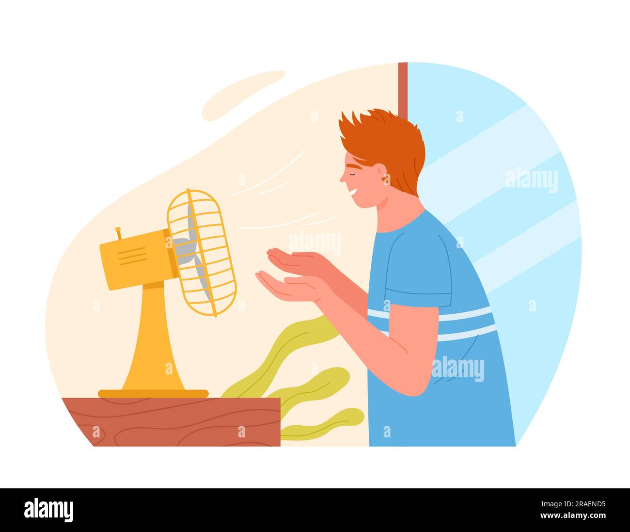 Cartoon isolated hot summer scene with man. Boy cooling at electric ...