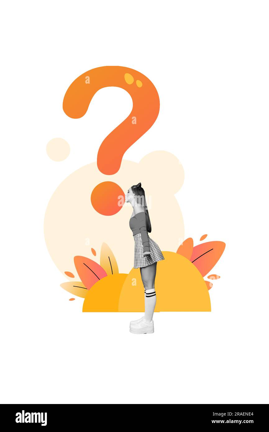 Creative illustration collage template of funny girl hesitant doubts ...