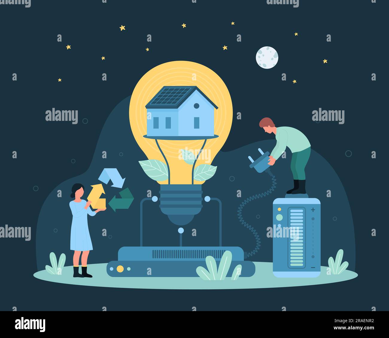 Cartoon tiny people hold recycling sign, plug of charger to recharge ...