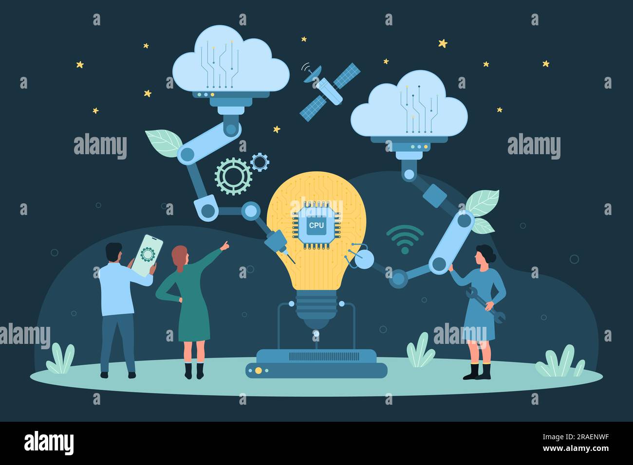 Cartoon tiny people use machines to produce and develop creative ideas ...