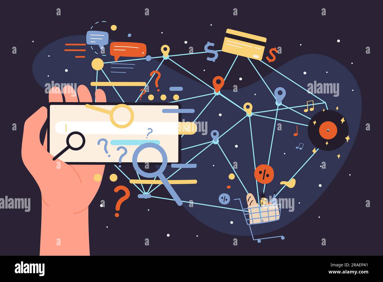 Cartoon hand holding smartphone with customizable smart mobile app on ...