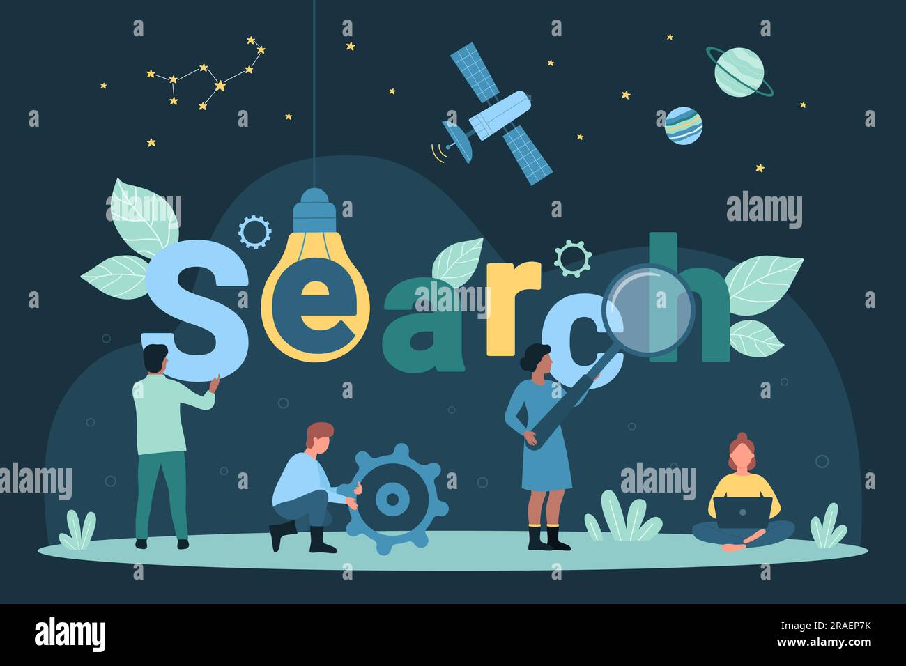 Cartoon tiny people look through magnifying glass at search lettering ...