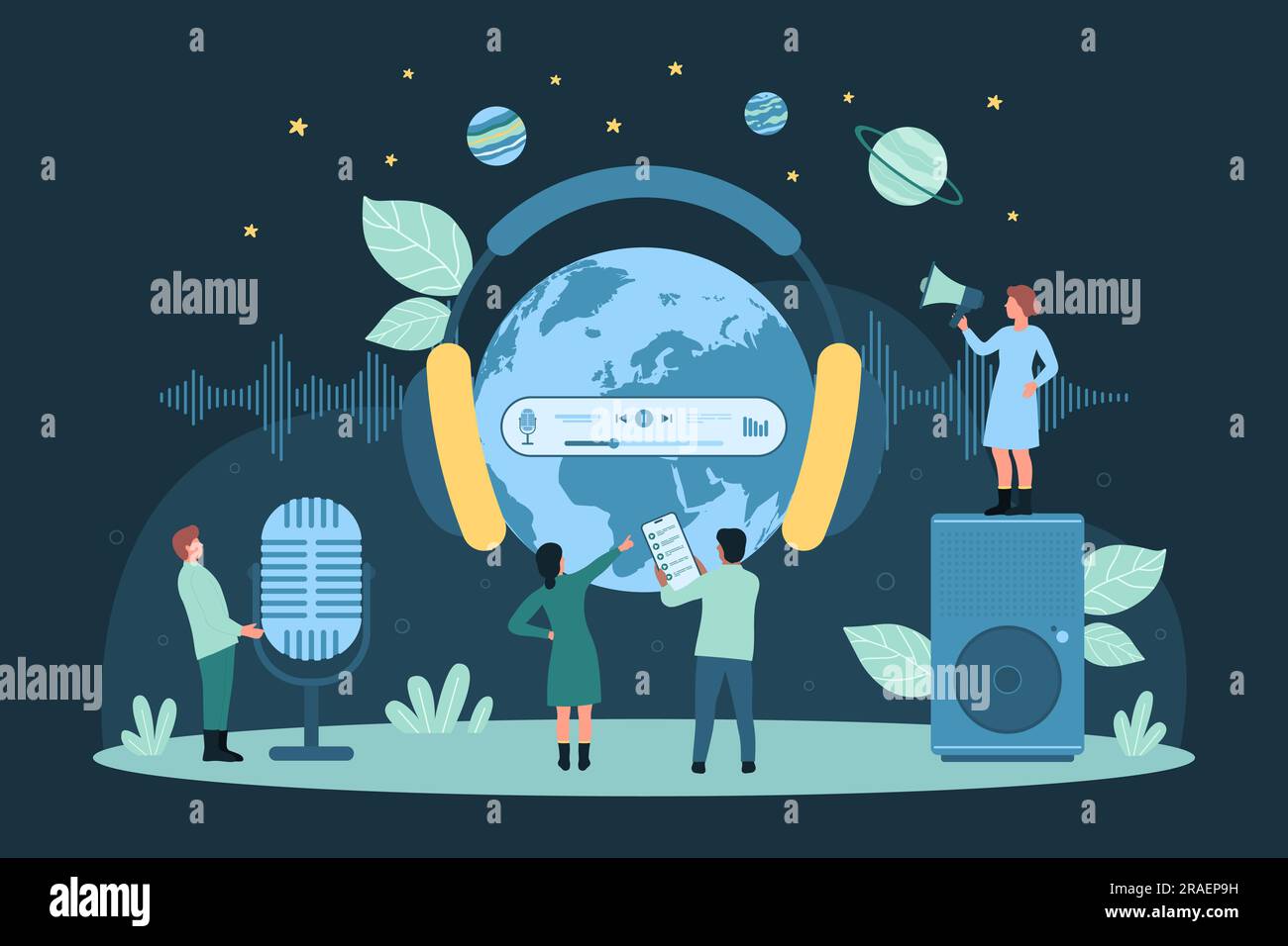 Cartoon tiny people pointing on Earth globe with headphones, using ...