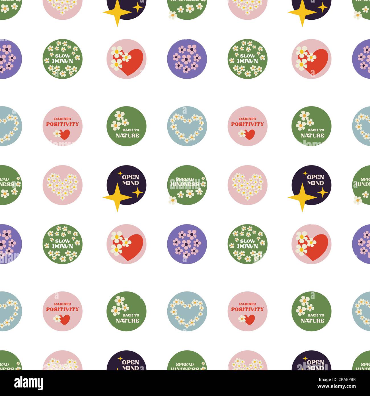 Seamless pattern with circle illustration positive stickers in groovy ...