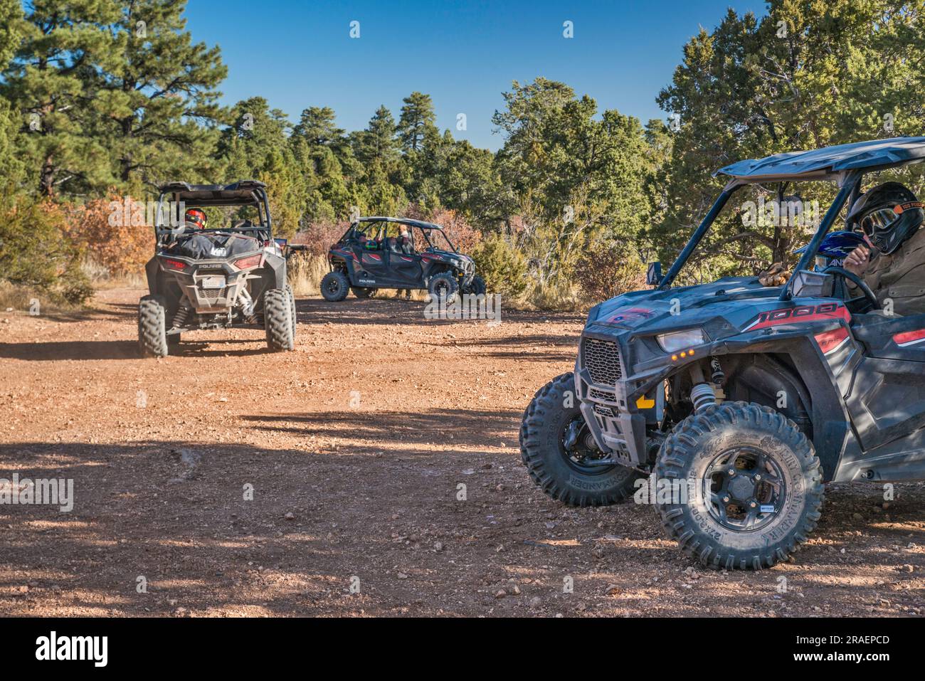 Young adults, UTV recreational vehicles, setting up to get going, Crazy ...