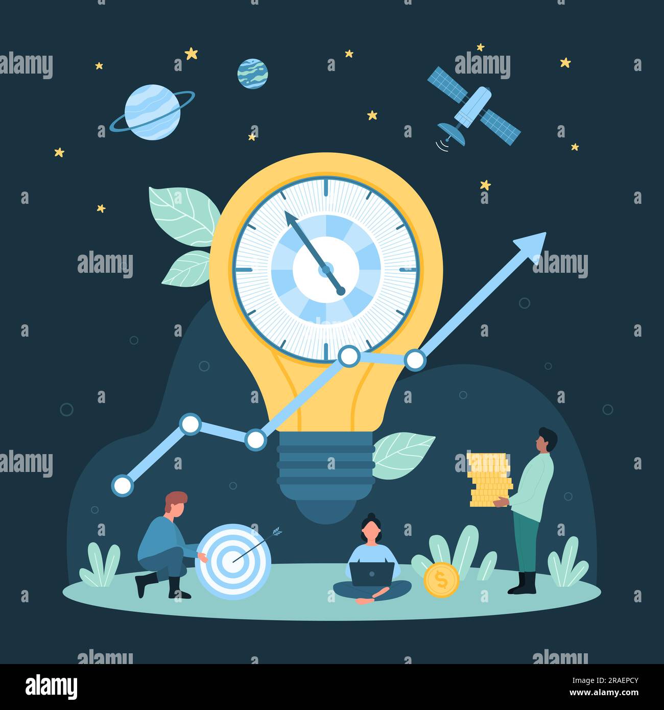 Cartoon tiny people holding target, laptop and money, control workflow ...