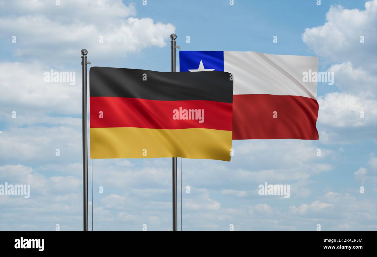 Chile flag and Germany flag waving together on blue sky, two country ...
