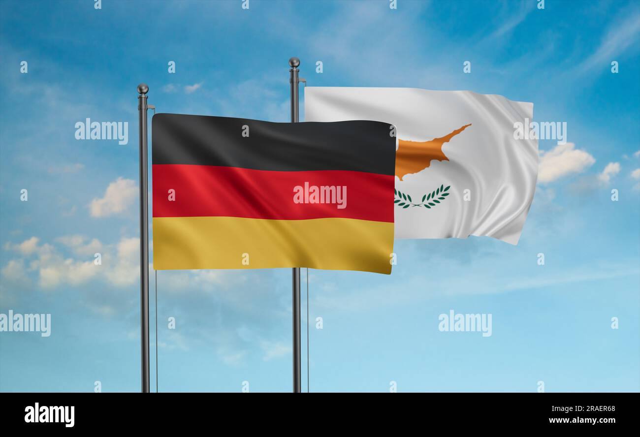 Cyprus flag and Germany flag waving together on blue sky, two country ...