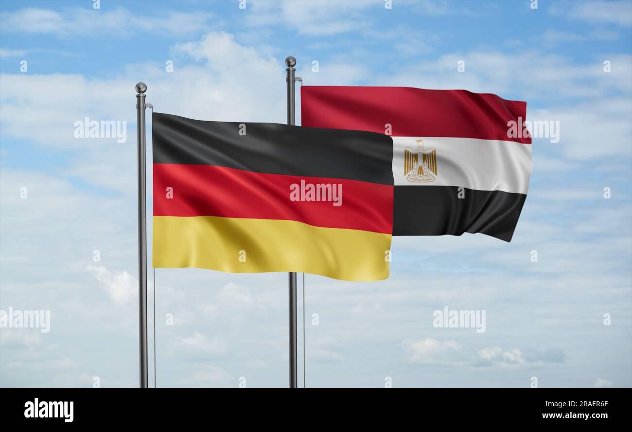 Egypt flag and Germany flag waving together on blue sky, two country ...