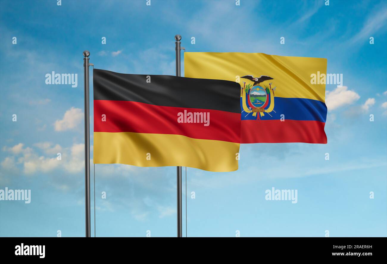 Ecuador flag and Germany flag waving together on blue sky, two country ...