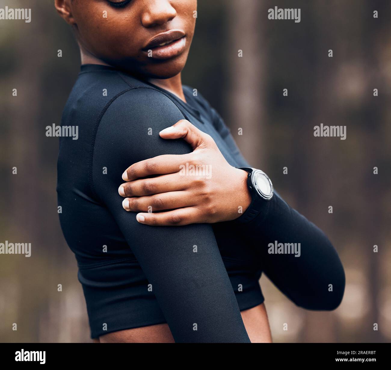 Shoulder pain, fitness and sports woman outdoor for health risk, bruise ...