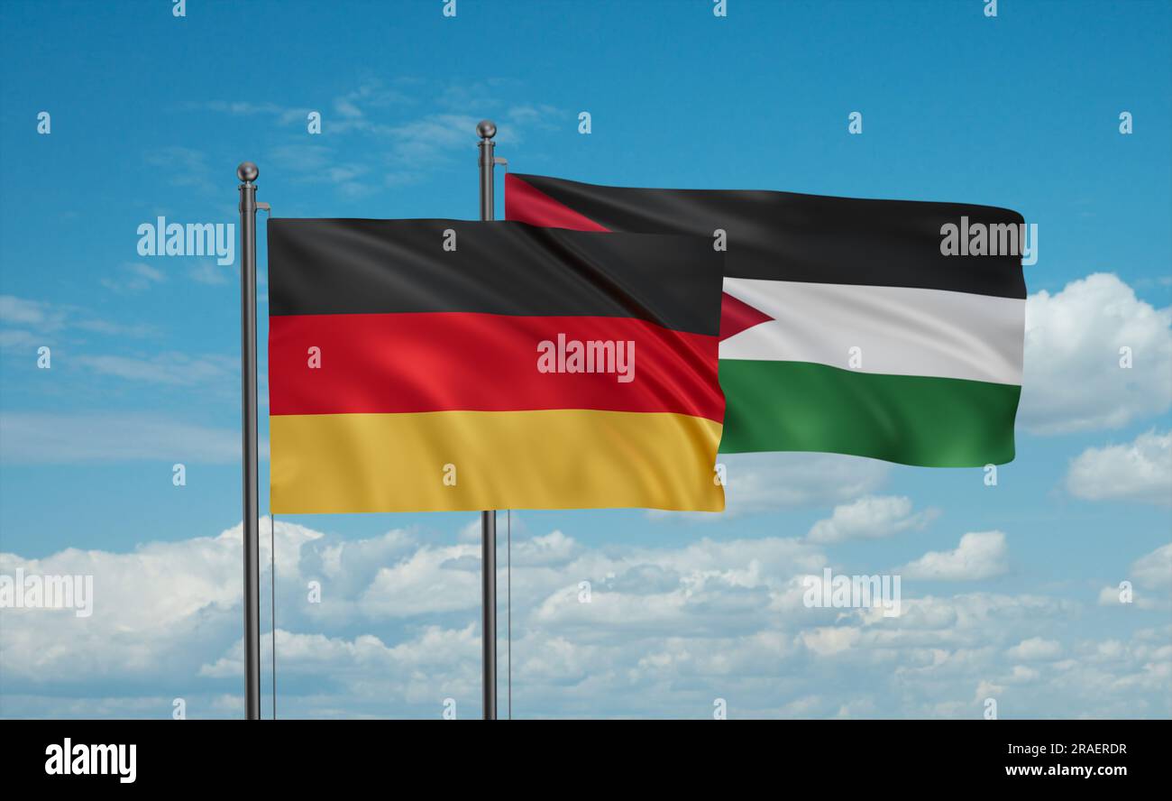 Jordan and Germany flag waving together in the wind on blue sky, two ...