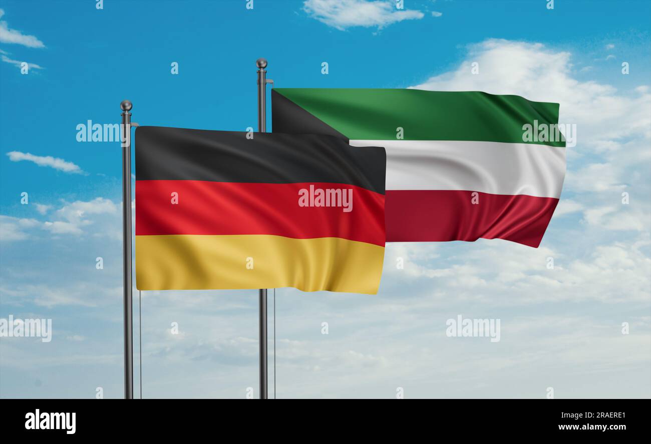 Kuwait and Germany flag waving together in the wind on blue sky, two ...