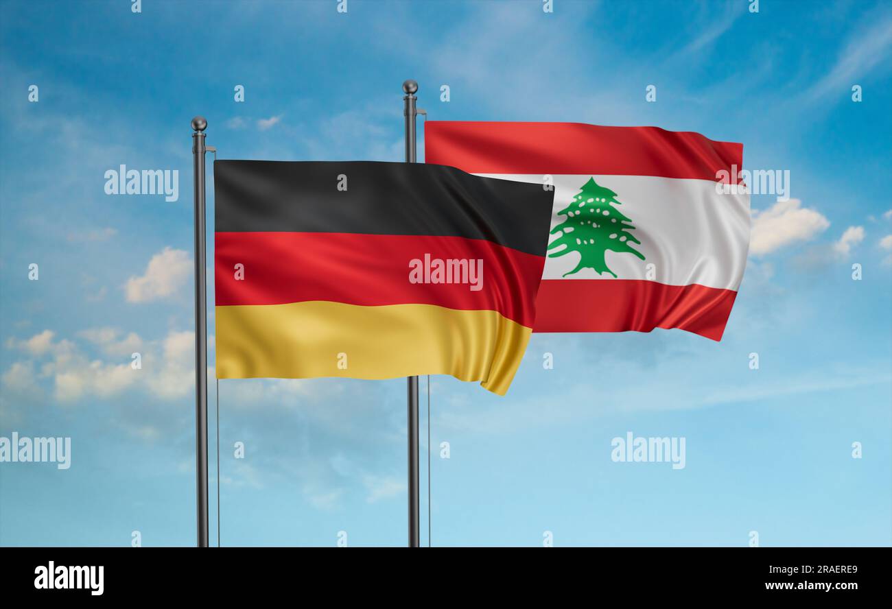 Lebanon and Germany flag waving together in the wind on blue sky, two ...