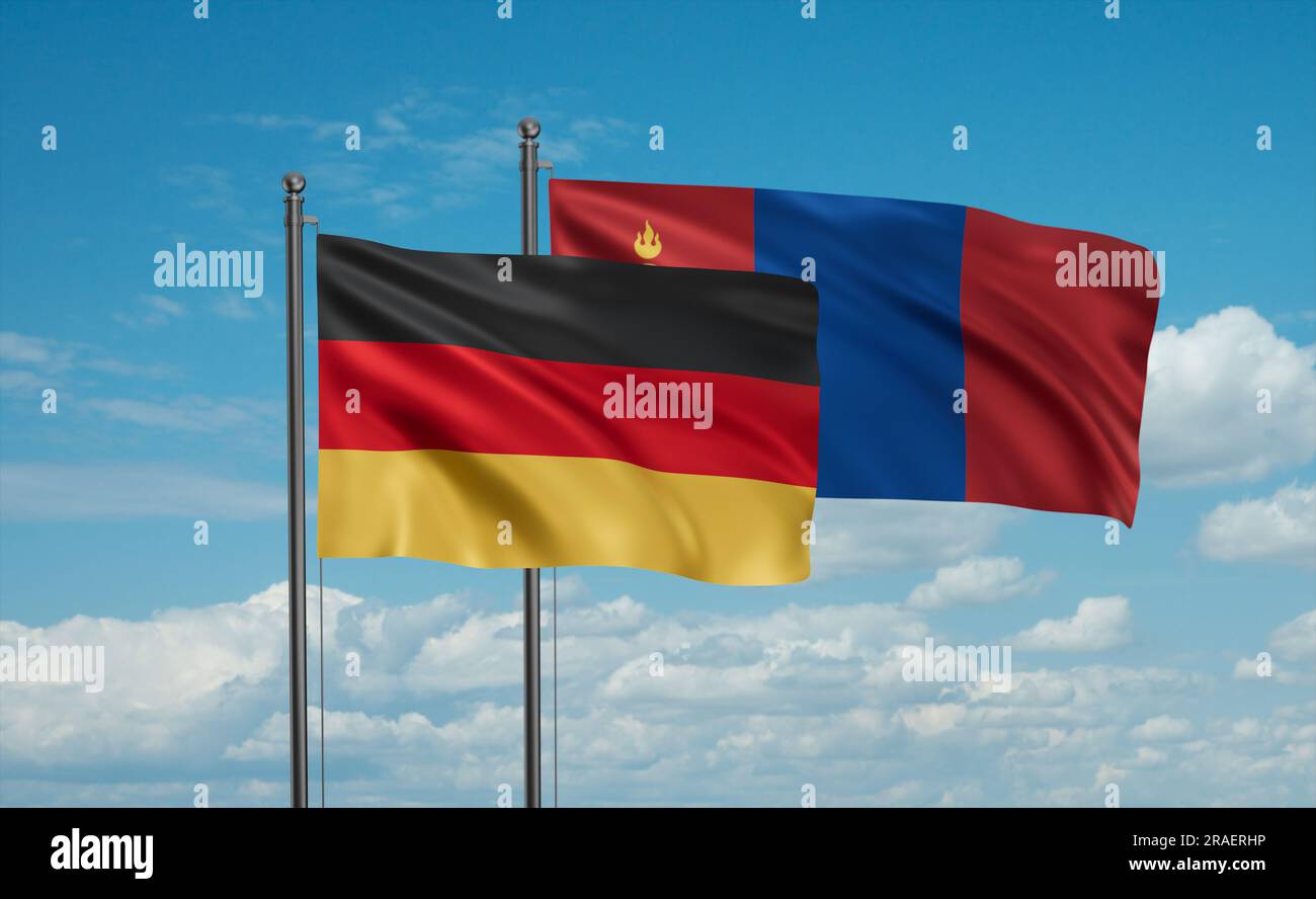 Mongolia and Germany flag waving together in the wind on blue sky, two ...