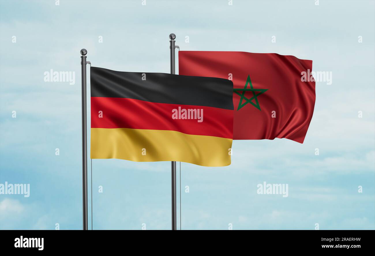 Morocco flag and Germany flag waving together on blue sky, two country ...