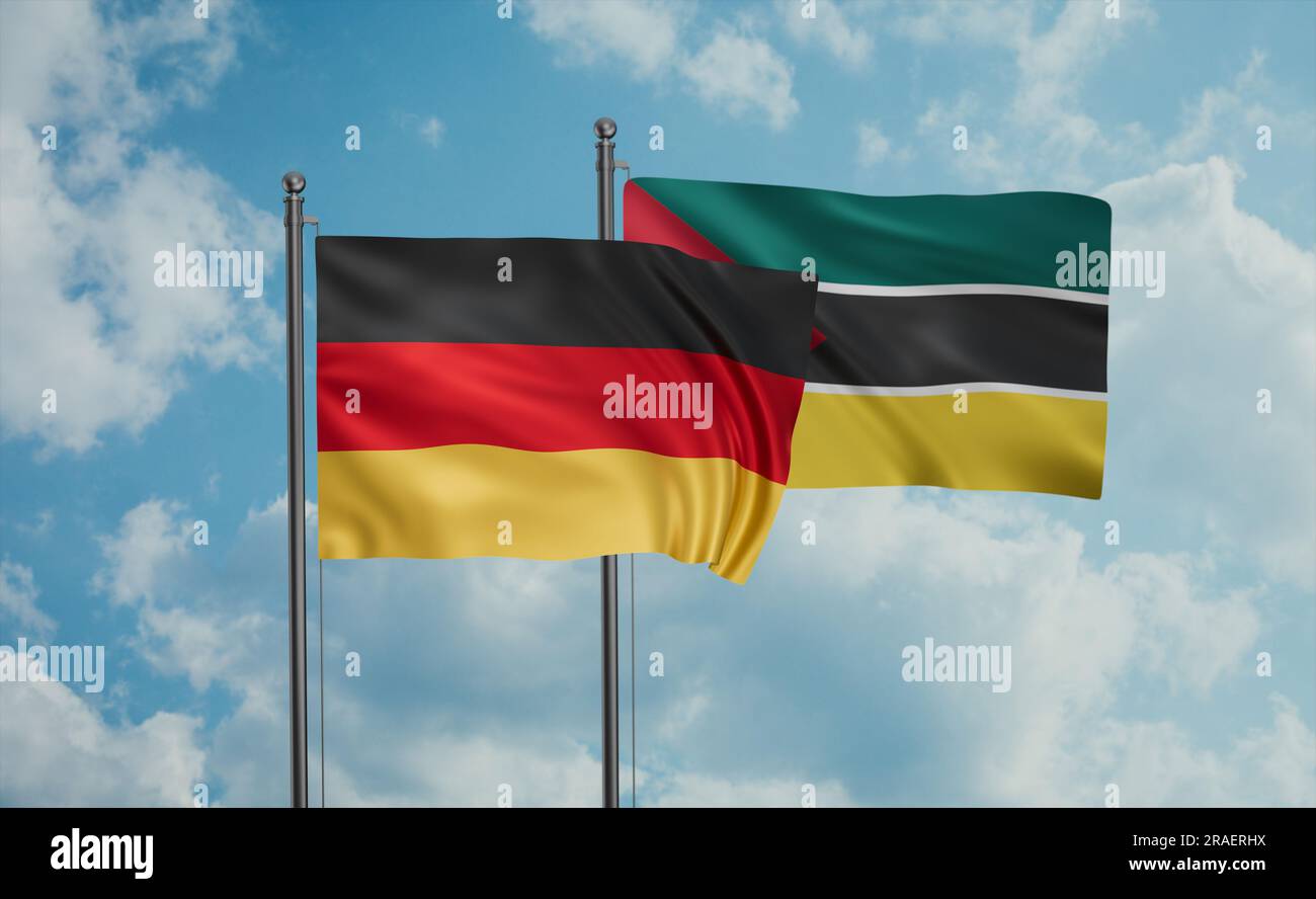 Namibia and Germany flag waving together in the wind on blue sky, two ...
