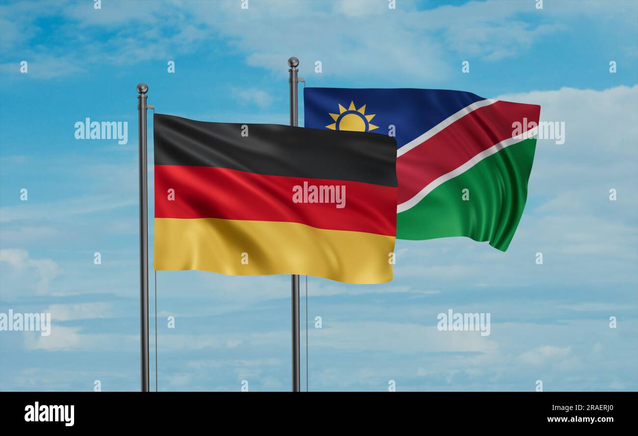 Namibia and Germany flag waving together in the wind on blue sky, two ...