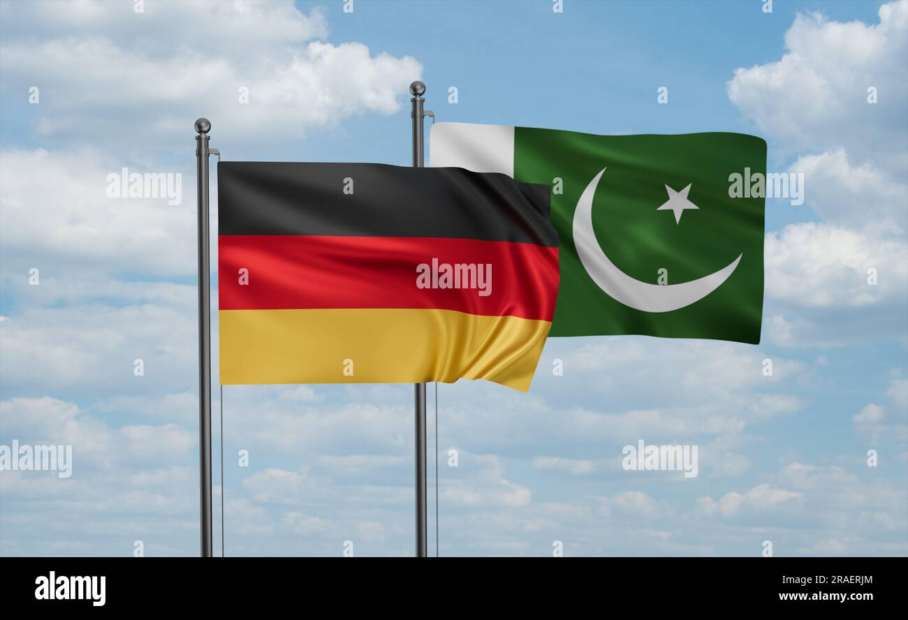 Pakistan flag and Germany flag waving together on blue sky, two country ...