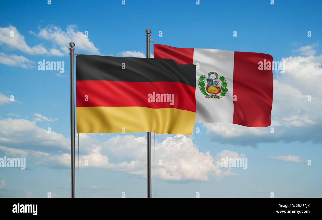 Peru and Germany flag waving together in the wind on blue sky, two ...