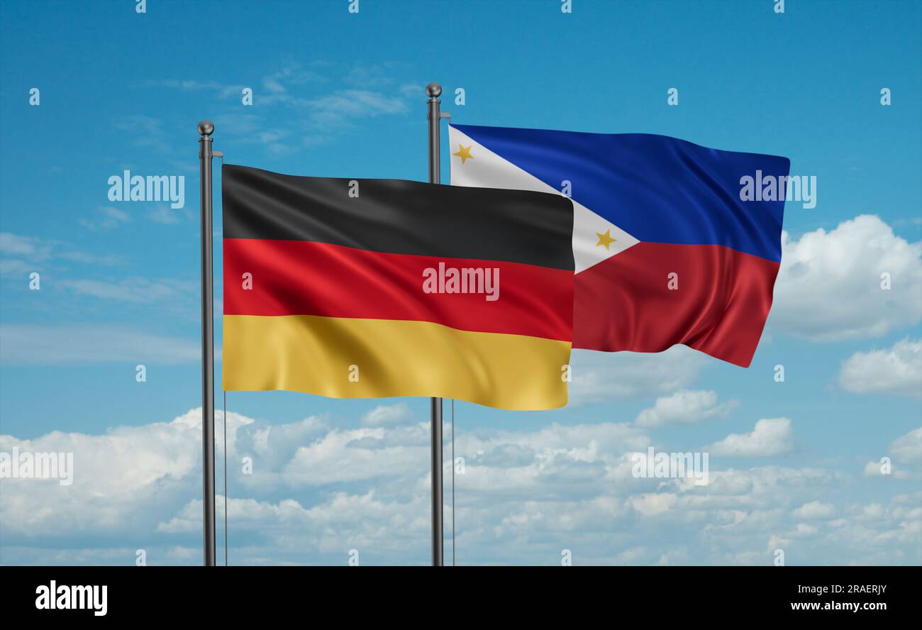 Philippines and Germany flag waving together in the wind on blue sky ...