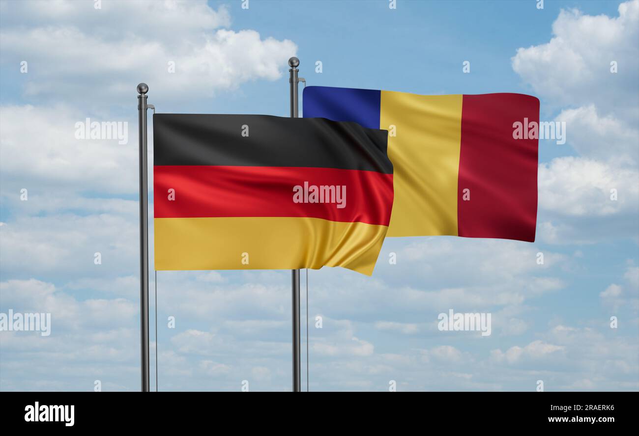 Romania and Germany flag waving together in the wind on blue sky, two ...