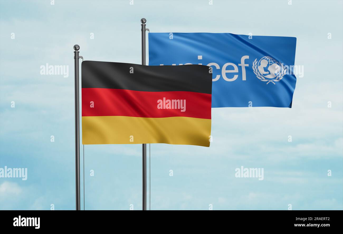 UNICEF and Germany flag waving together in the wind on blue sky Stock ...