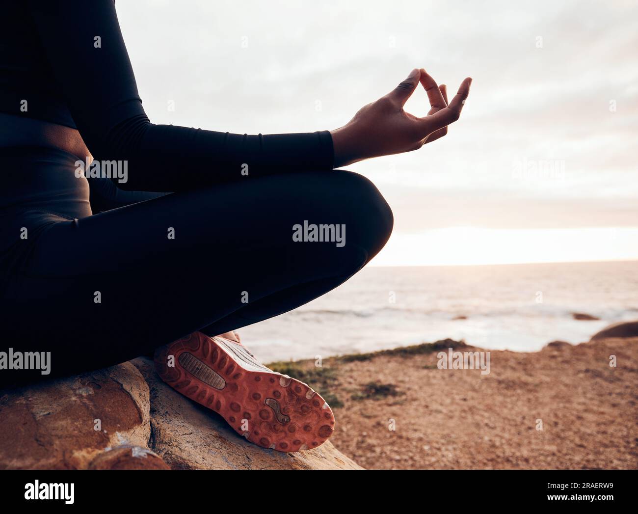 Lotus pose, hands and yoga at the beach, fitness and meditation ...