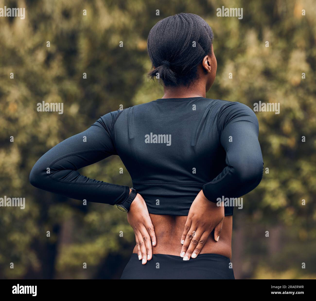 Back pain, fitness and sports woman outdoor for scoliosis, health risk ...