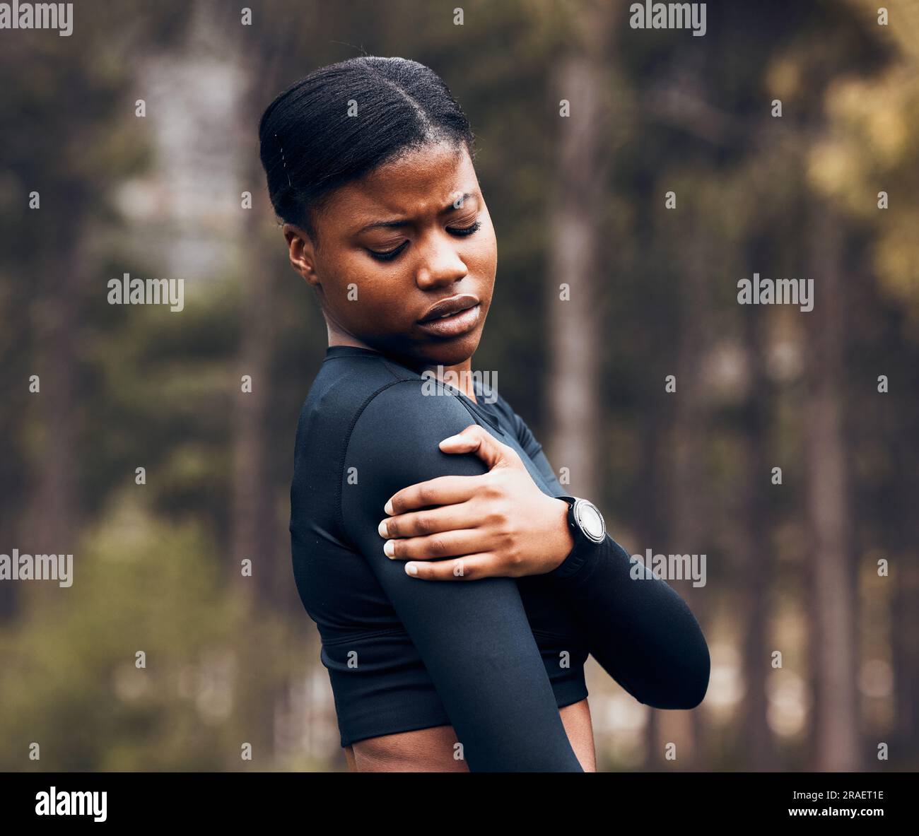 Shoulder, pain and sports woman outdoor for health risk, bruise and ...