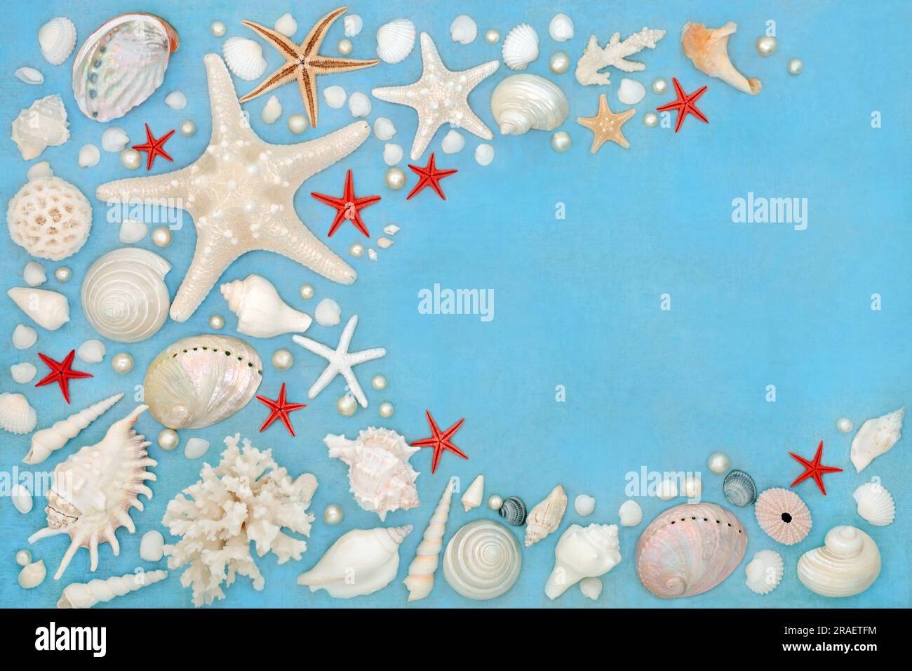 Seashells pearls and red starfish background border on mottled blue ...